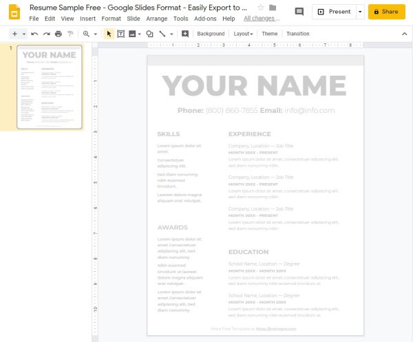 Resume Sample Free – Google Slides Format – Easily Export to PDF, WORD ...